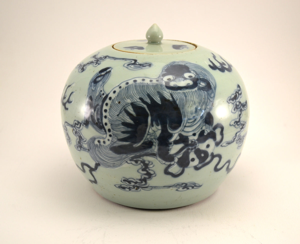 Blue & White Celadon Ginger Jar - Foo Dogs – Malka Art