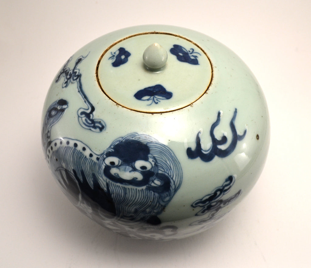 Blue & White Celadon Ginger Jar - Foo Dogs – Malka Art
